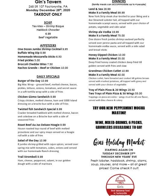 Menu at Gin's Tavern pub & bar, Factoryville