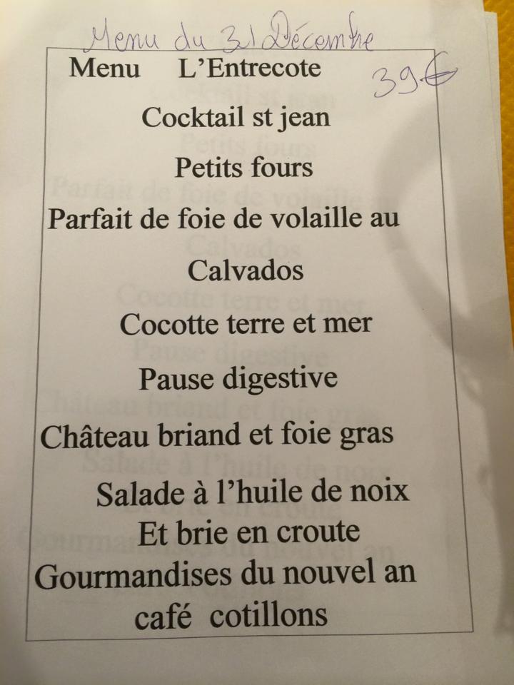 Menu at L'Entrecote restaurant, Saint-Jean-des-Échelles