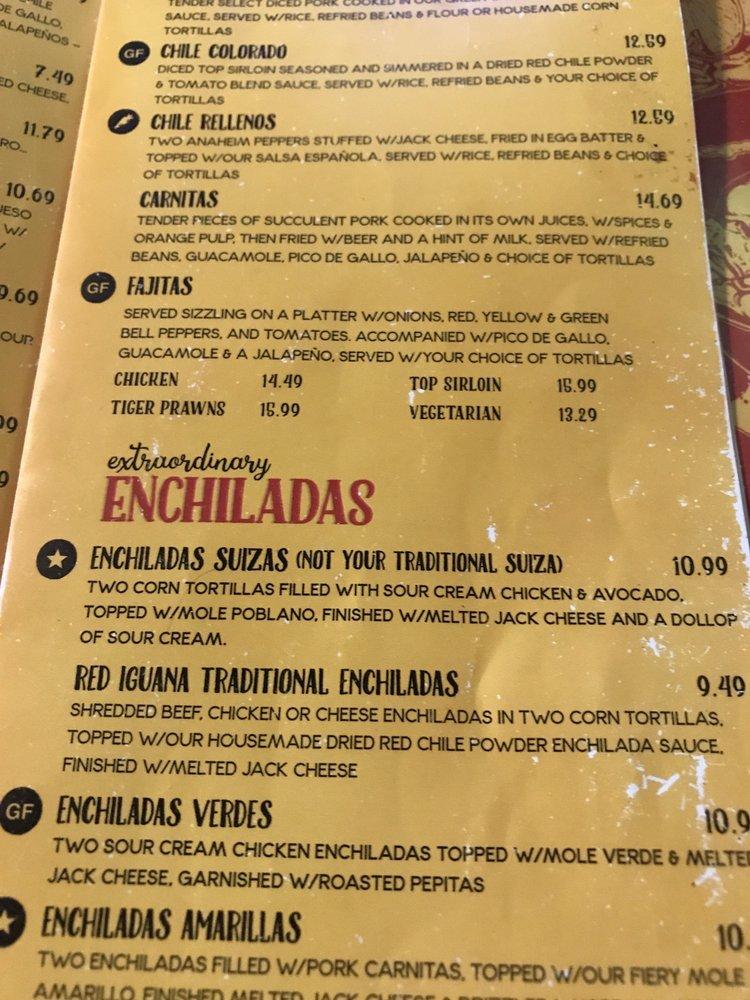 Menu at Red Iguana restaurant, Salt Lake City, 736 W North Temple St