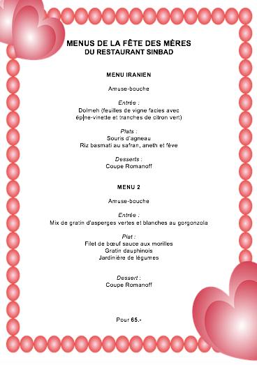 Menu da Restaurant Sinbad, Sion