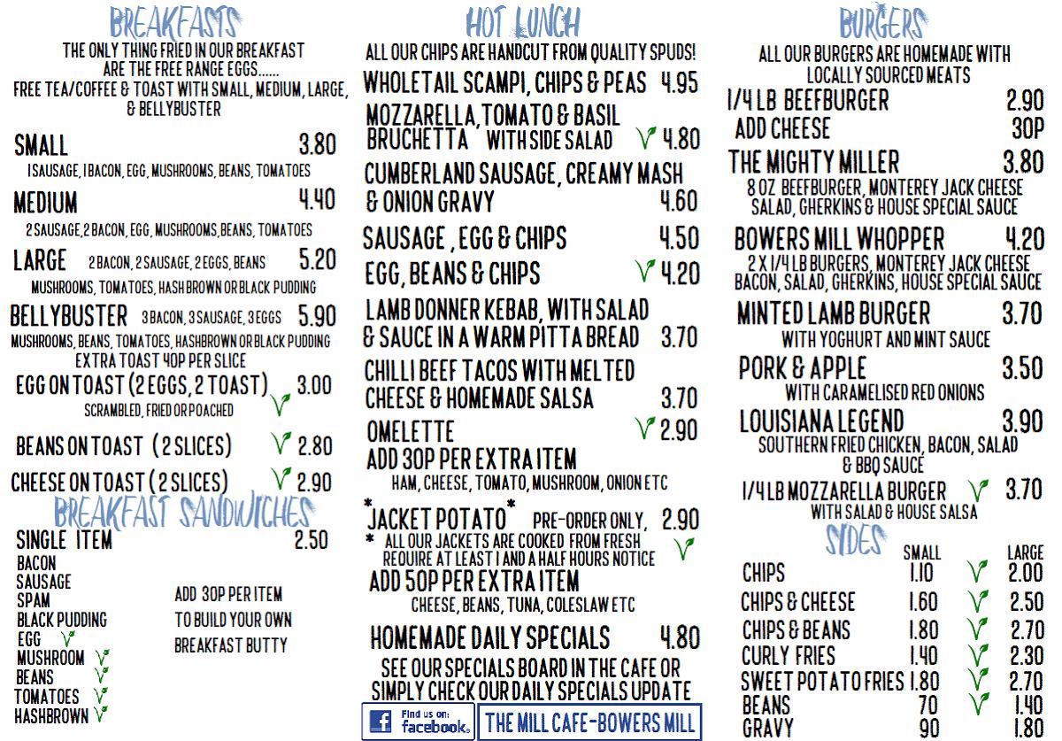 Carta de The Mill Cafe, Halifax, Bowers Mills