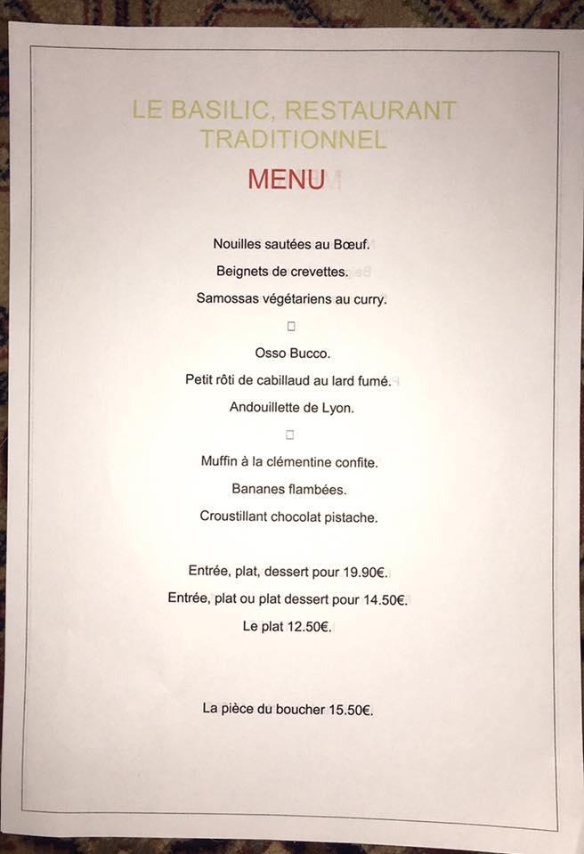 Menu au le basilic restaurant, Caudry