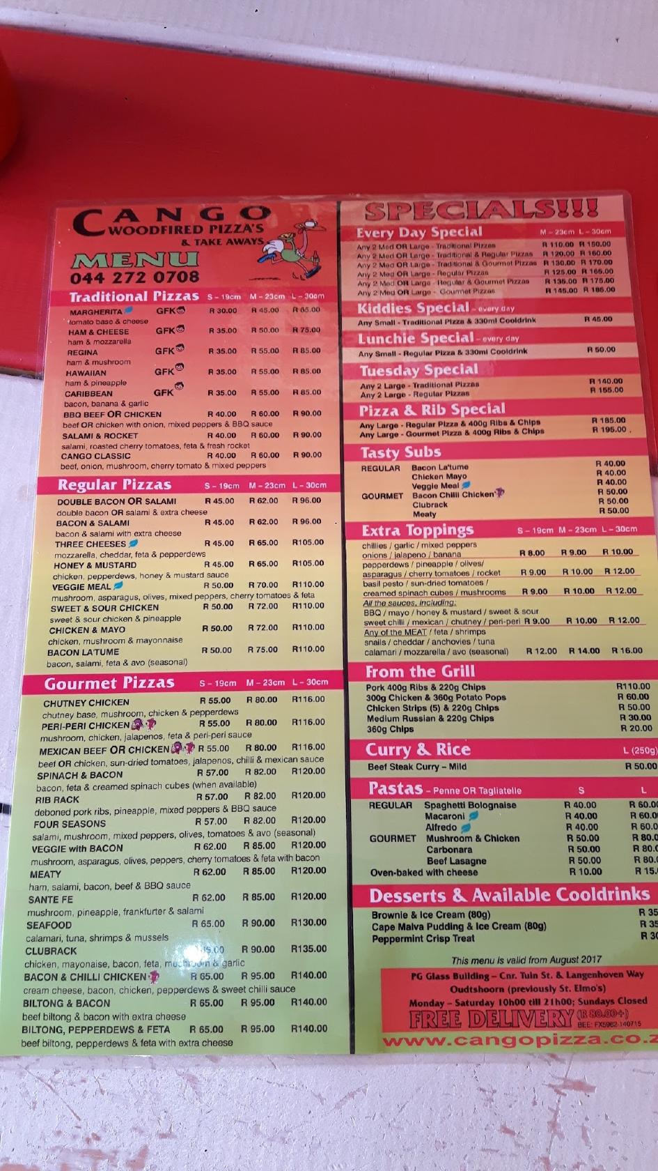 Menu at Cango Woodfired Pizzas pizzeria, Oudtshoorn