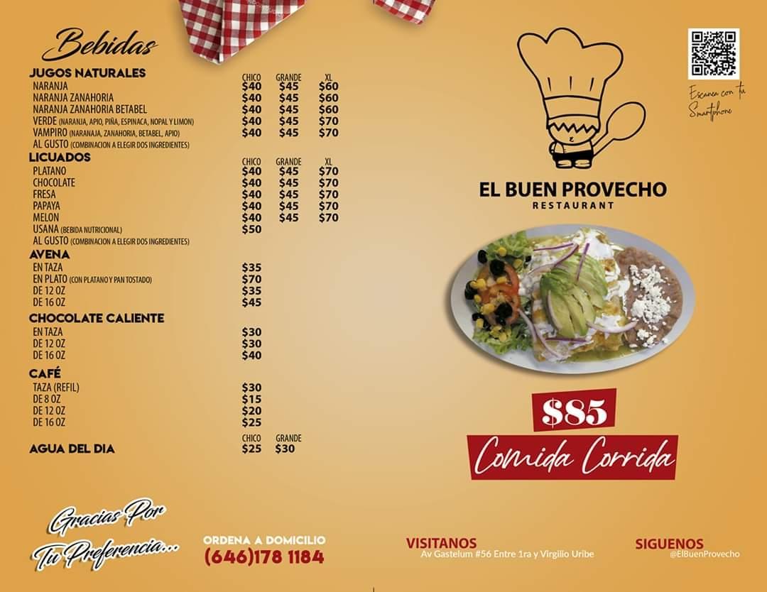 Carta del restaurante El Buen Provecho, Ensenada