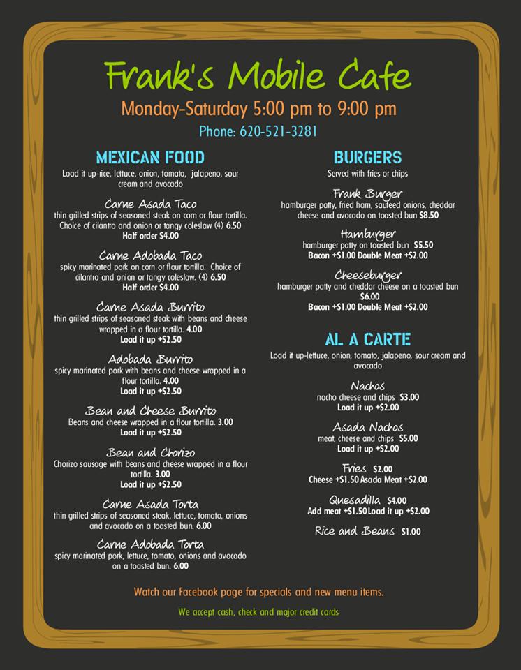 Carta de Frank's Mobile Café, Estados Unidos