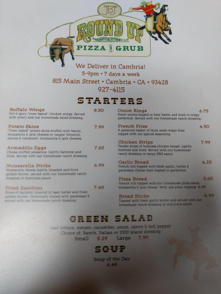 Menu at JBJ Round Up Pizza n' Grub pizzeria, Cambria