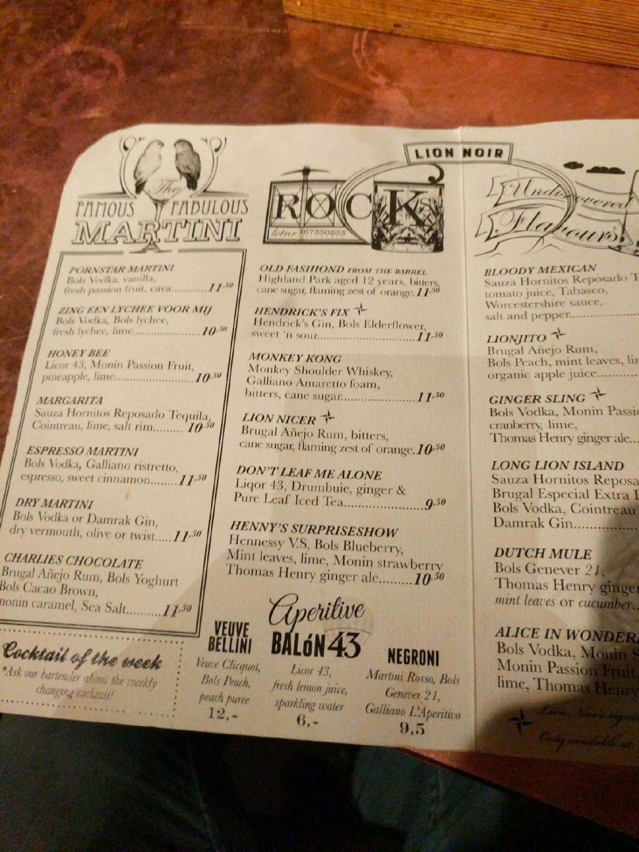 Menu at Lion Noir, Amsterdam