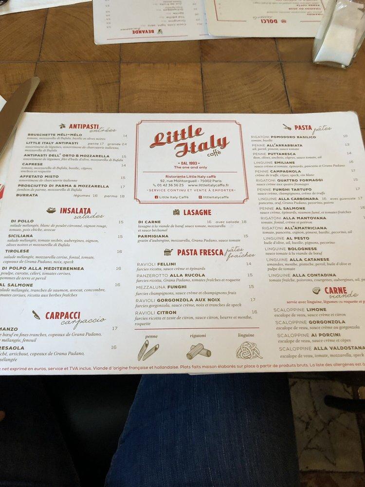 Menu at Little Italy Caffe restaurant, Paris, 92 Rue Montorgueil