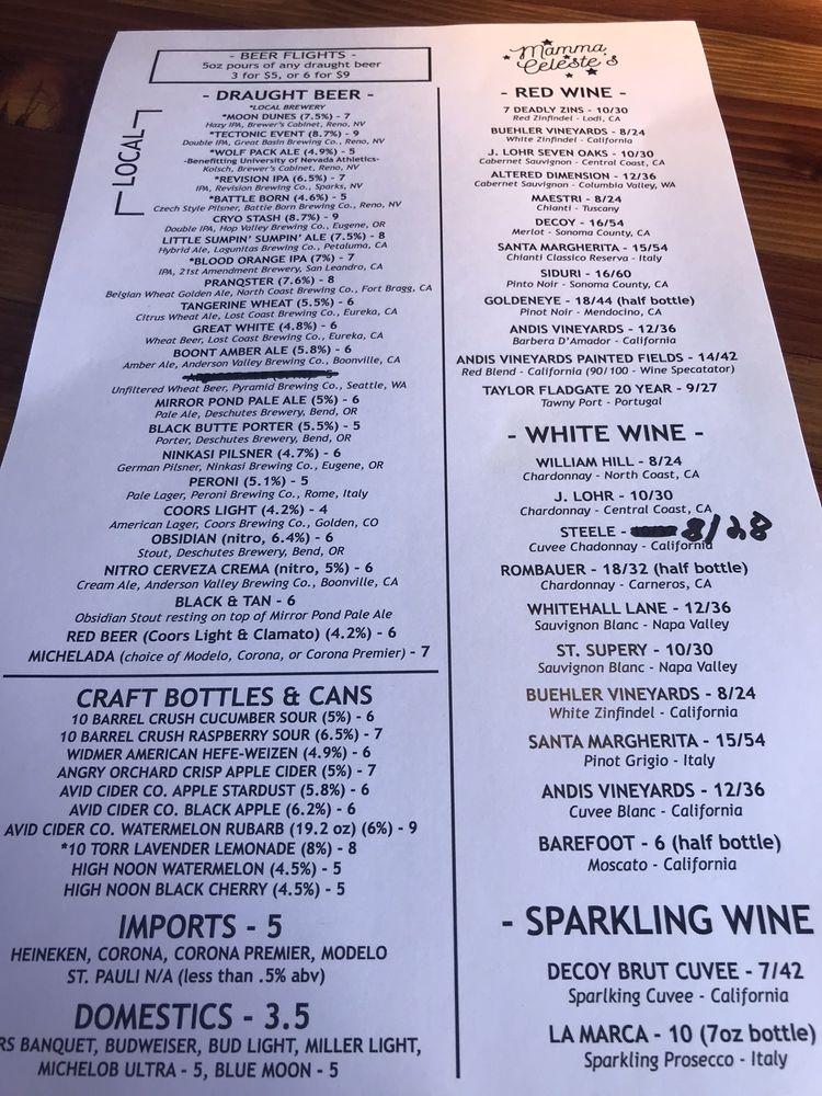 Menu at Mamma Celeste's Gastropub & Pizzeria, Sparks