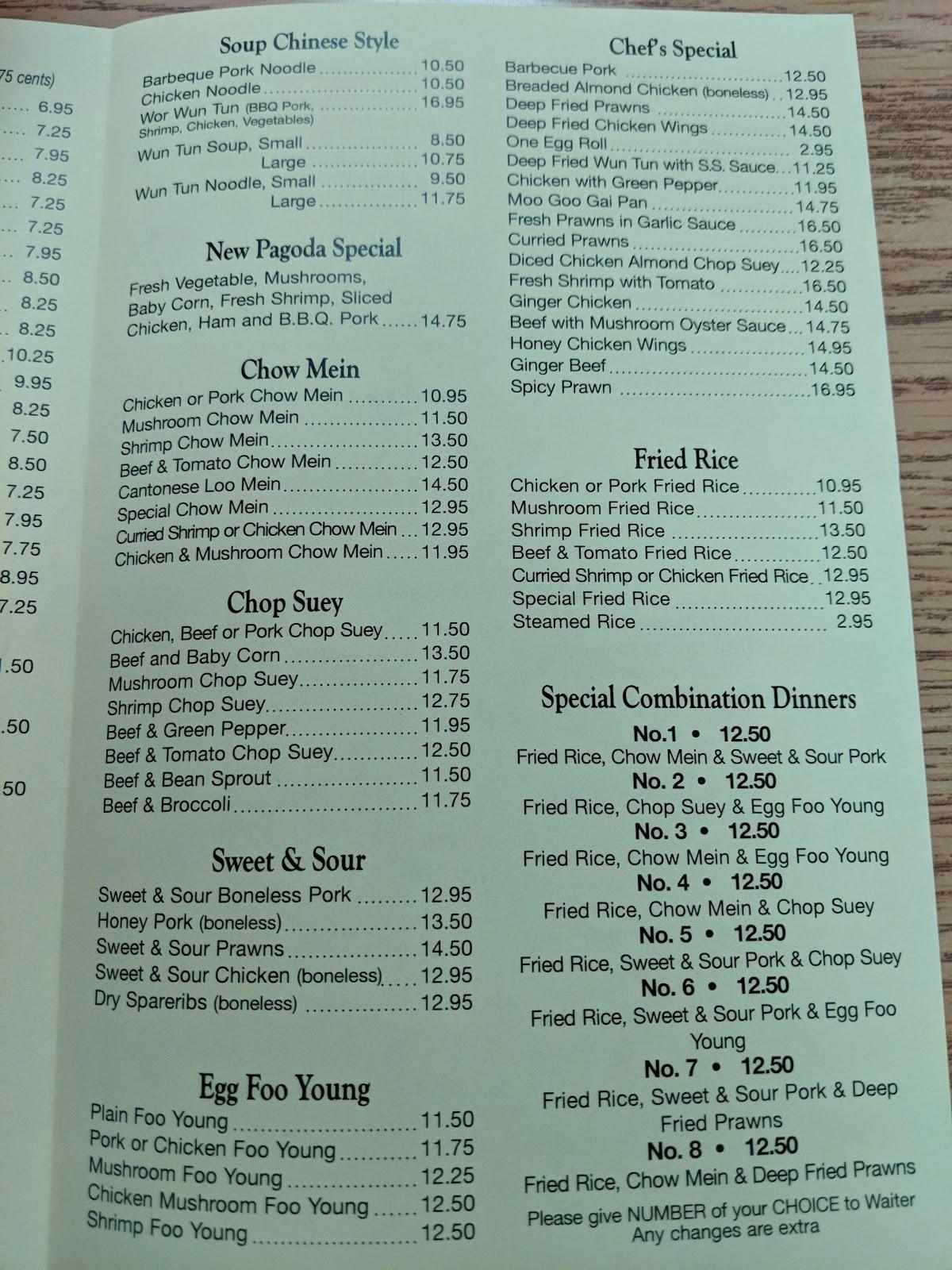 Menu at New Pagoda Restaurant, Vanderhoof