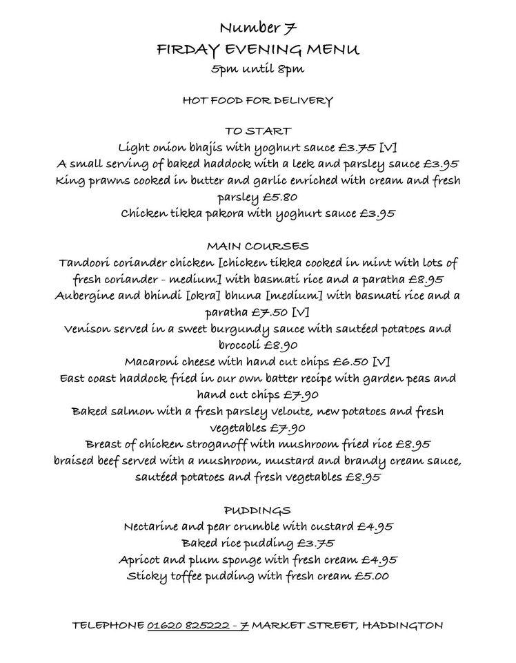 Menu at Number 7 restaurant, Haddington