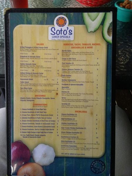 Menu at Soto's Cantina restaurant, Houston