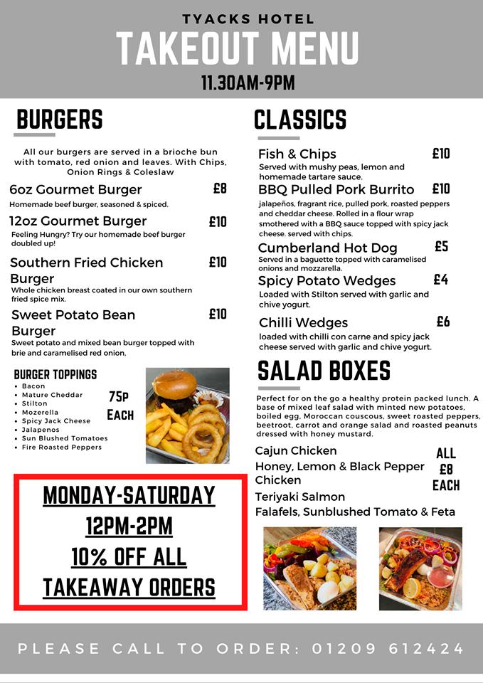 Menu at Tyacks Hotel pub & bar, Camborne, 27 Commercial St