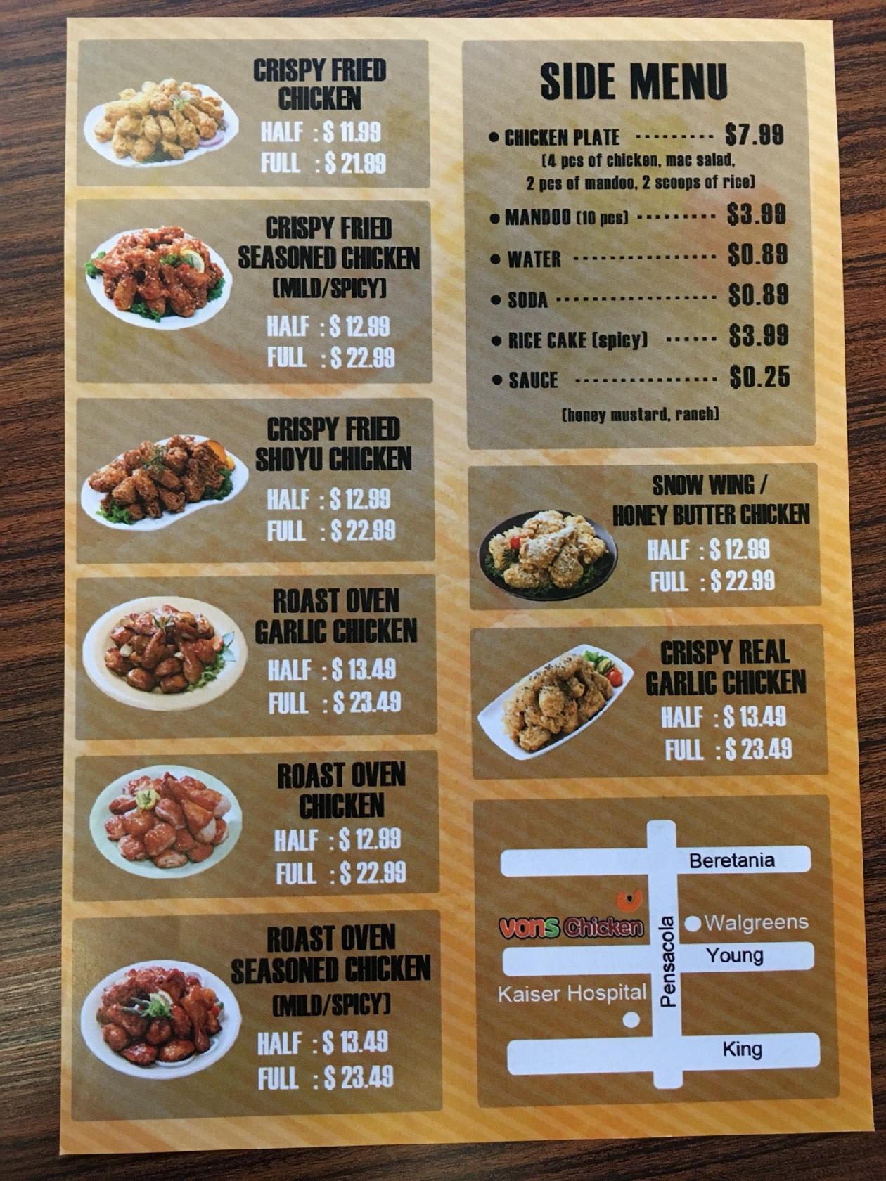 Menu at Vons Chicken restaurant, Honolulu, Pensacola St