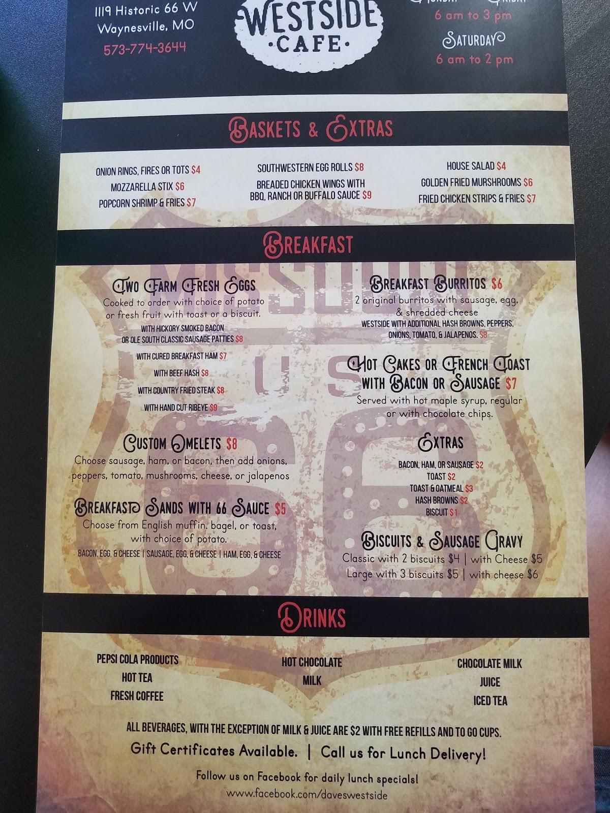 Menu at Westside Cafe, Waynesville