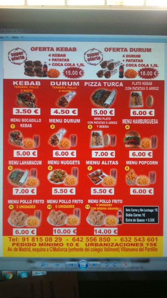 Carta de Ali Baba Döner Kebab Restaurante Hindu, Villanueva del Pardillo