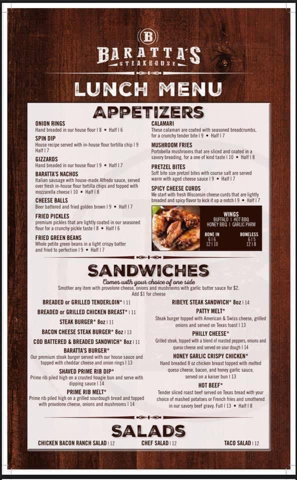 Menu at Baratta's Steakhouse, Carroll, US Hwy N