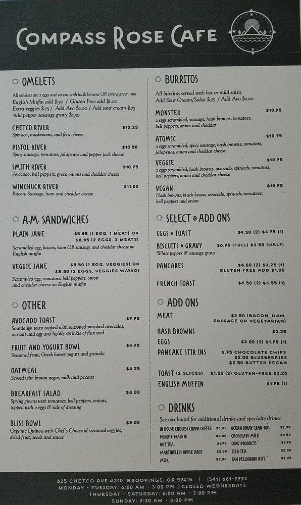Carta de Compass Rose Cafe, Brookings