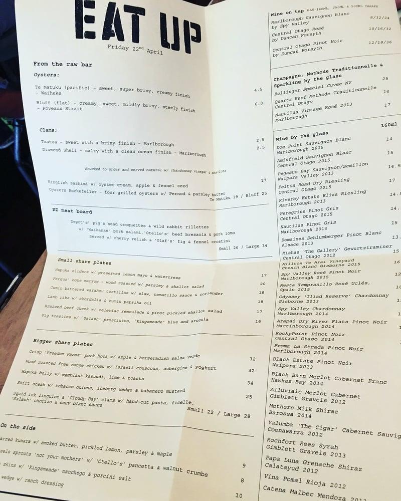 Menu at Depot restaurant, Auckland