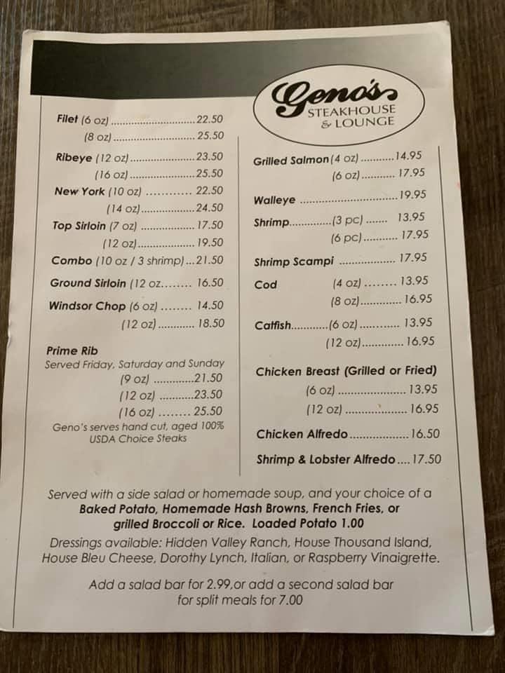 Menu at Genos Steak House steakhouse, Wayne, 208 Douglas St