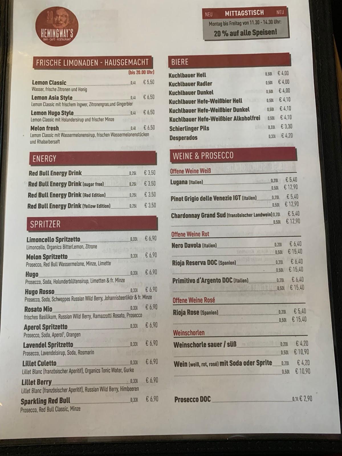 Speisekarte von Hemingway's pub & Bar, Regensburg
