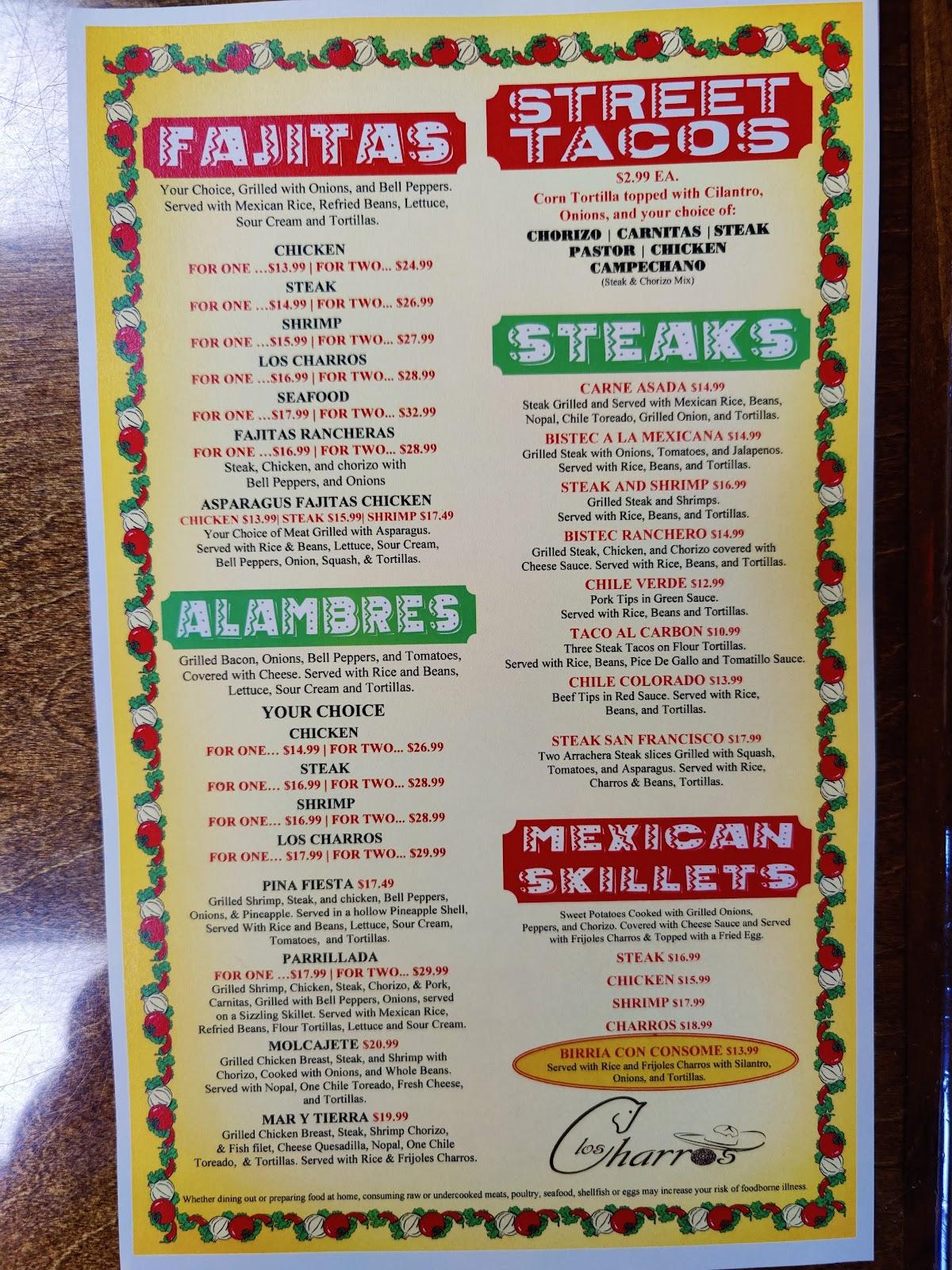Menu at Los Charros restaurant, Petal