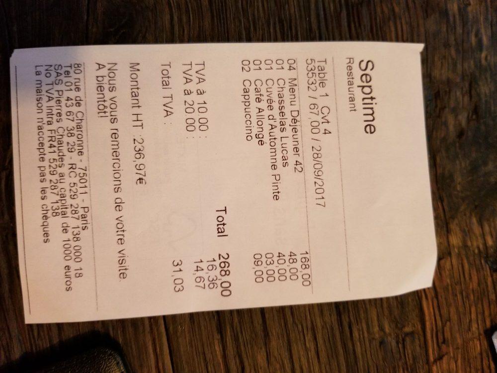 Menu at Septime restaurant, Paris, 80 Rue de Charonne