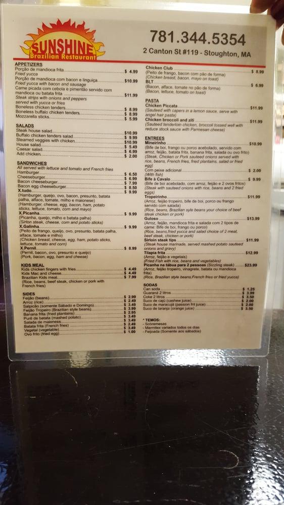 Menu at Sunshine Breakfast & Grille restaurant, Stoughton