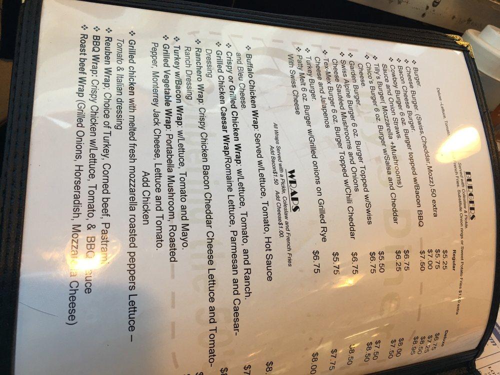 Menu at Tilly's Diner restaurant, Monticello