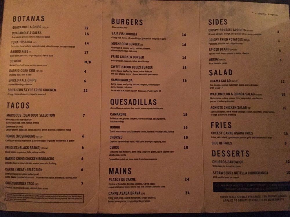 Menu at Barrio Cellar, Sydney