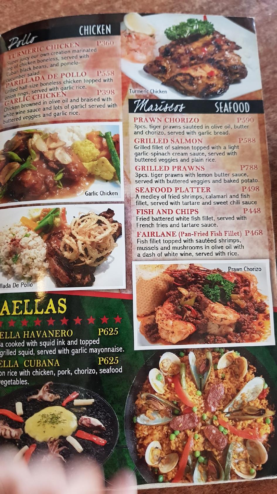 Menu at Cafe Cubana, Makati, P Burgos