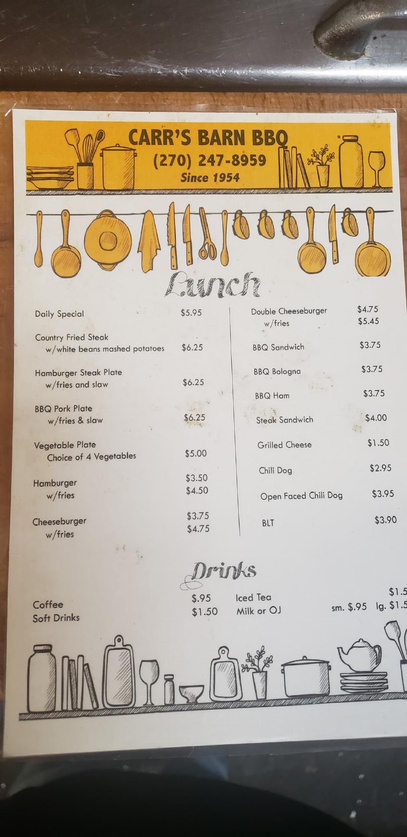 Menu at Carr's Barn, Mayfield