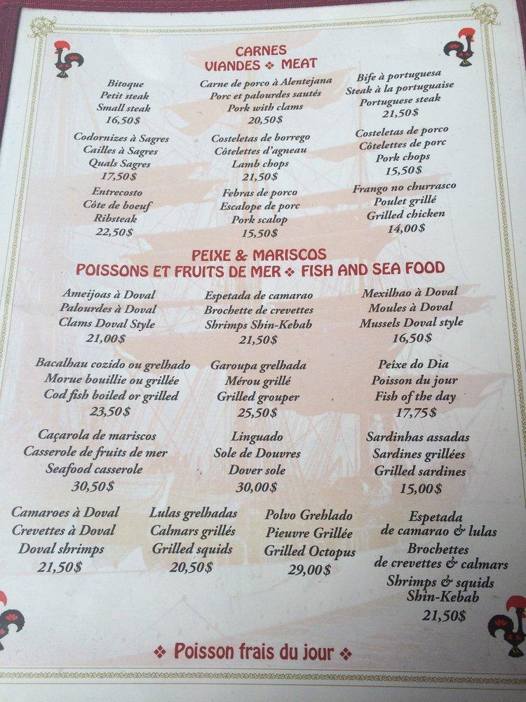 Menu at Chez Doval restaurant, Montréal