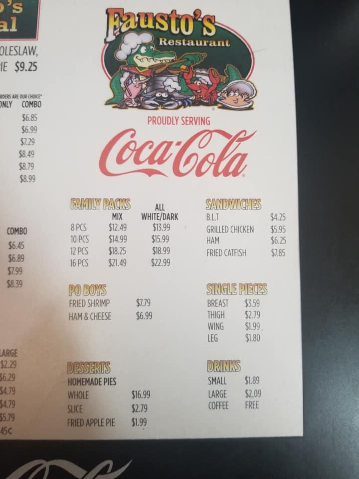 Menu at Fausto's Fried Chicken restaurant, Coushatta
