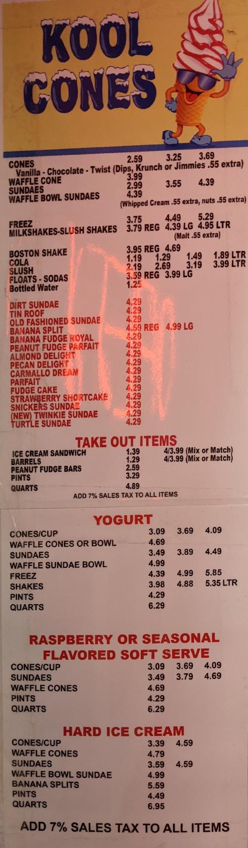 Menu at Kool Cones, Pittsburgh, Perry Hwy