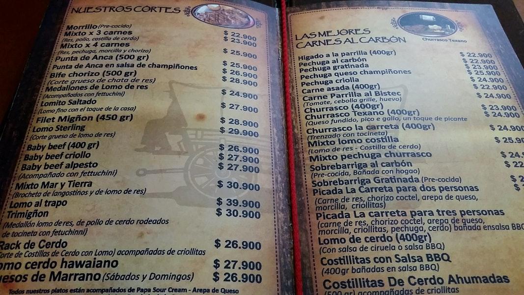 Menu at La Carreta restaurant, Mosquera