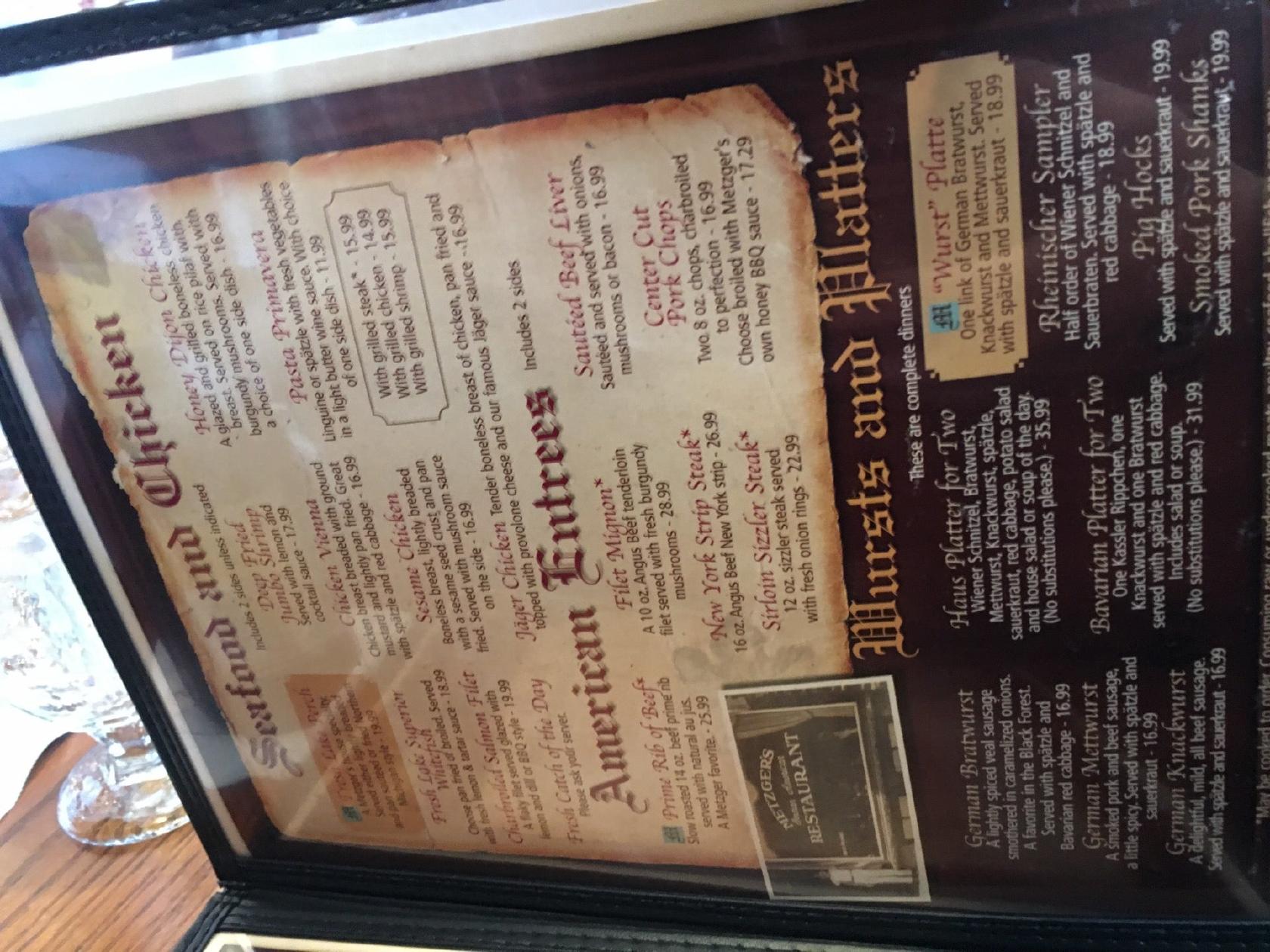 Menu at Metzger's restaurant, Ann Arbor