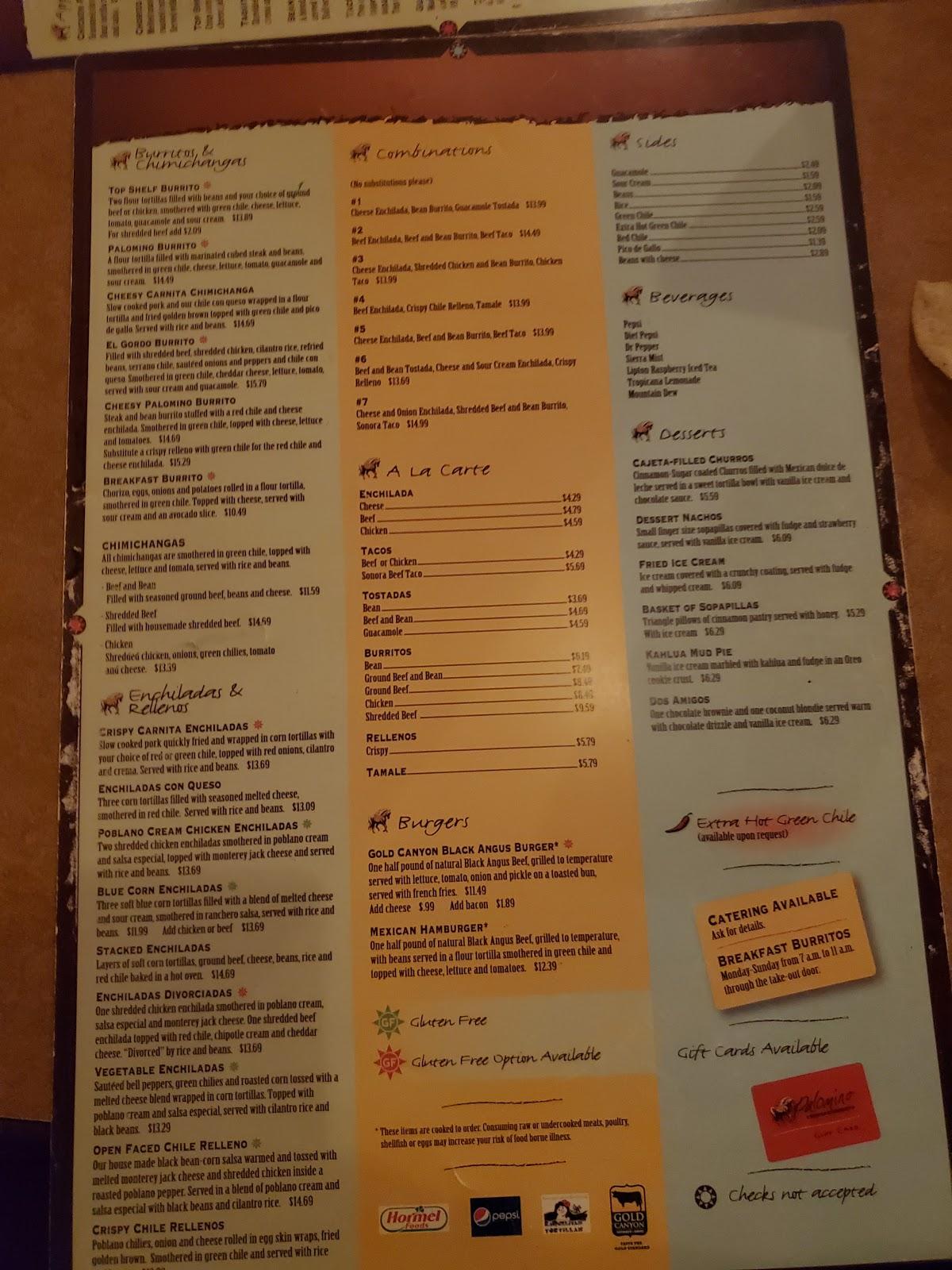 Menu at Palomino Mexican Restaurant, Evans