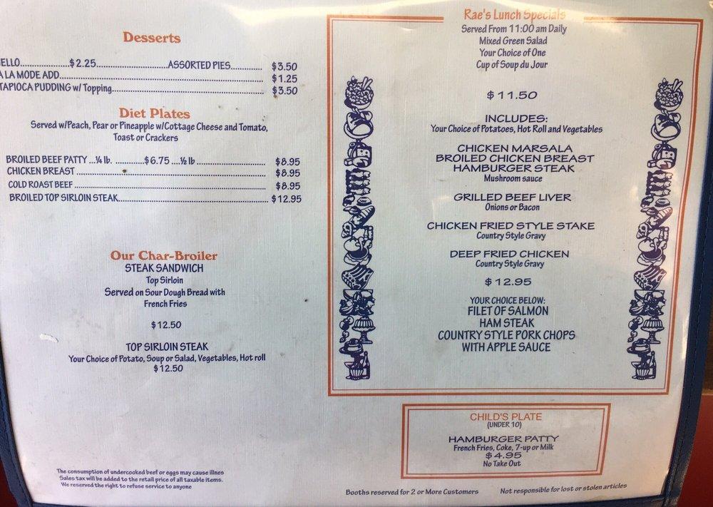 Menu at Rae's Restaurant, Santa Monica