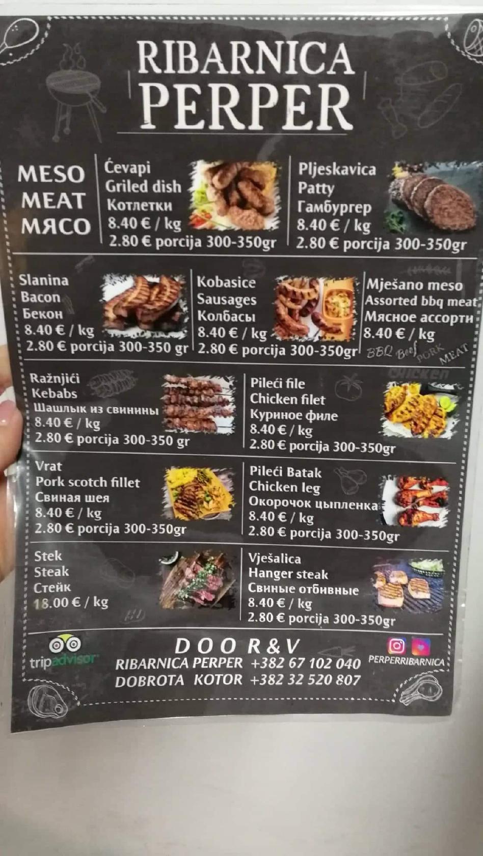 Menu at Ribarnica PerPer, Dobrota