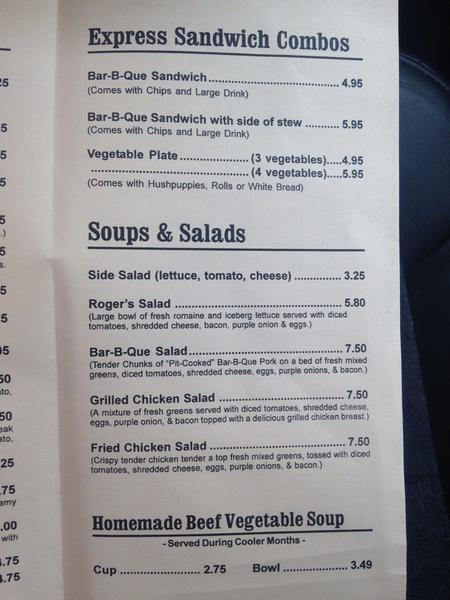 Menu at Roger's Bar-B-Que, LaGrange