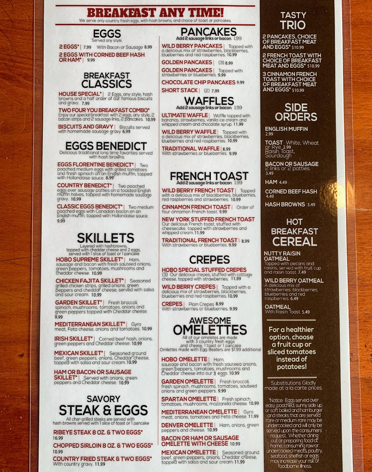 Menu at Sir Hobo’s restaurant, Sun Prairie