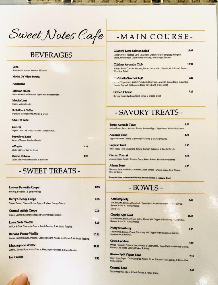 Menu at Sweet Notes Cafe, Kent