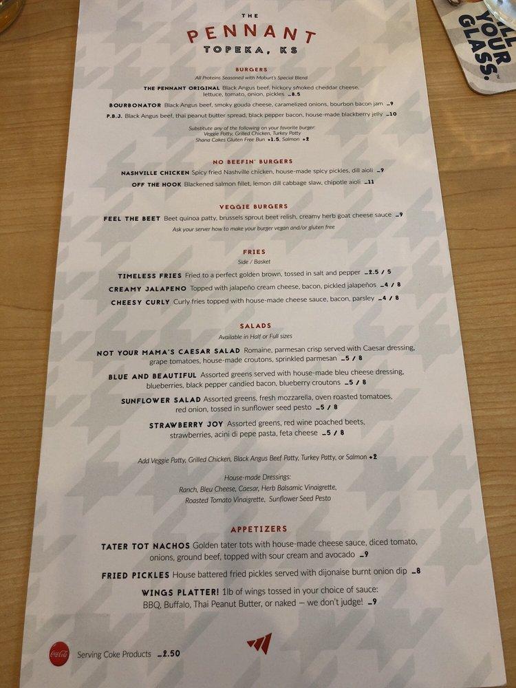 Menu at The Pennant restaurant, Topeka