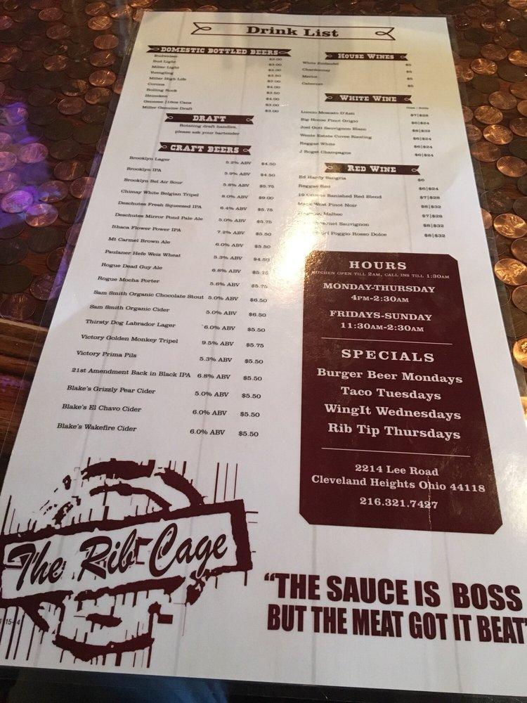 Menu at The Rib Cage Smokehouse & Bar, Cleveland Heights, Lee Rd