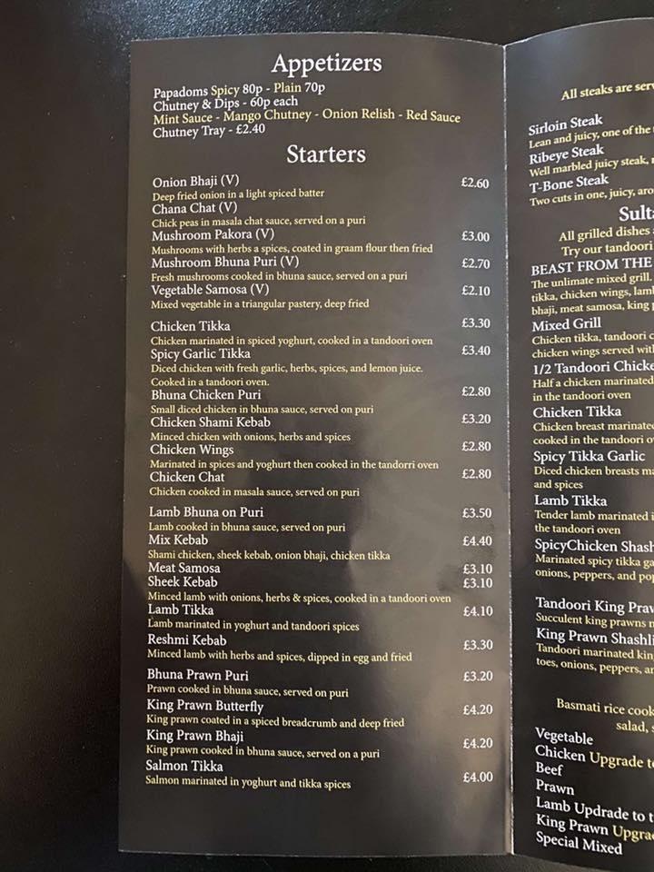 Menu at The Sultan of Jarrow restaurant, Jarrow