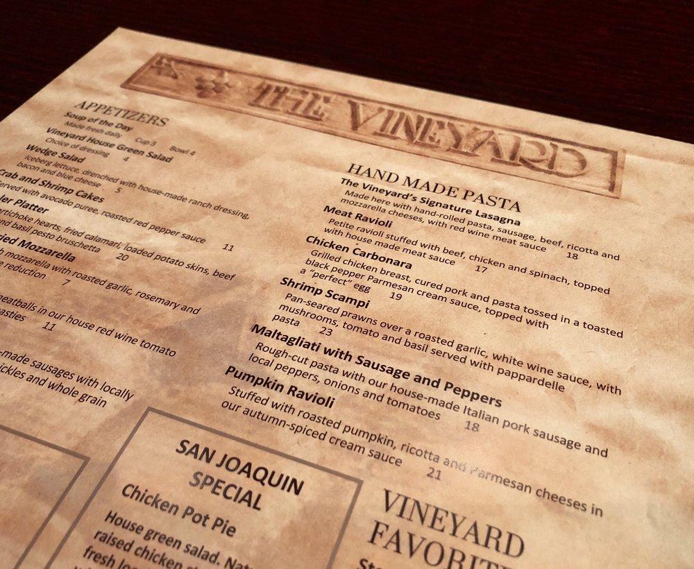 Menu at The Vineyard Restaurant & Bar, Madera