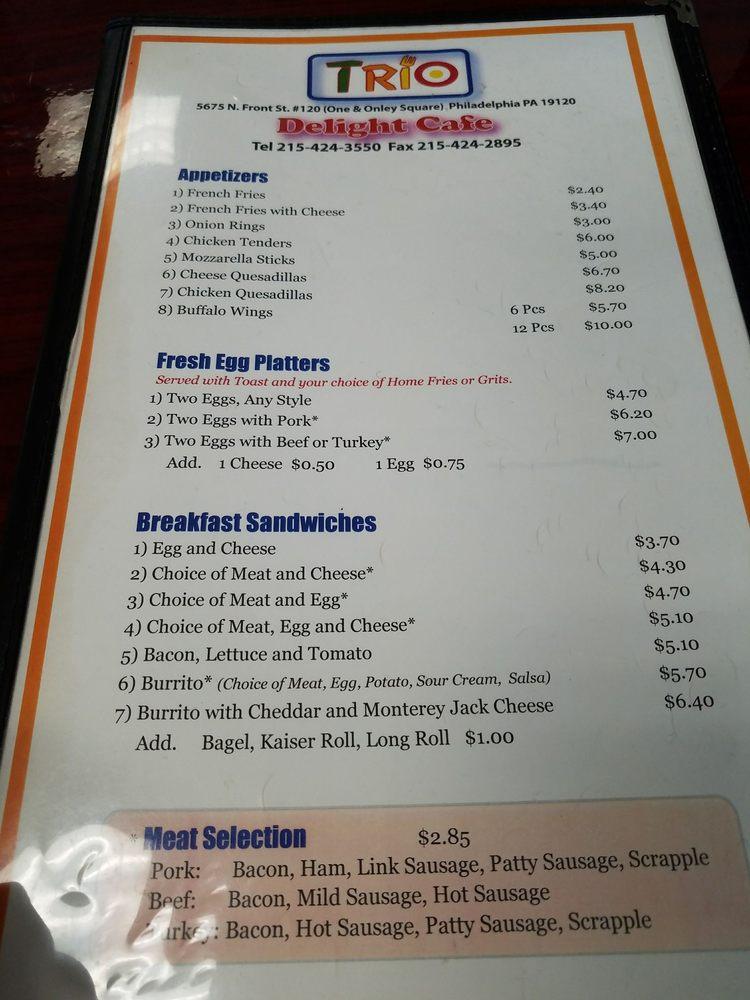 Menu at Trio Delight Cafe, Philadelphia