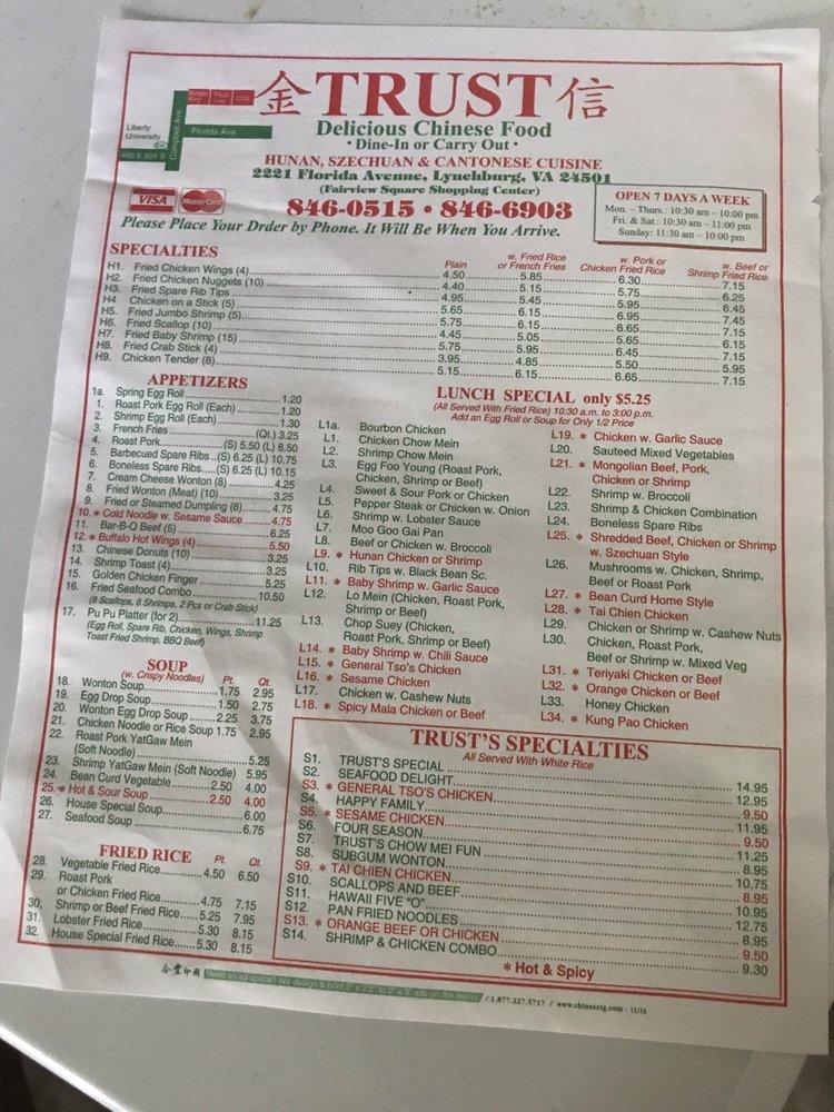 Menu at Trust Chinese Restaurant, Lynchburg