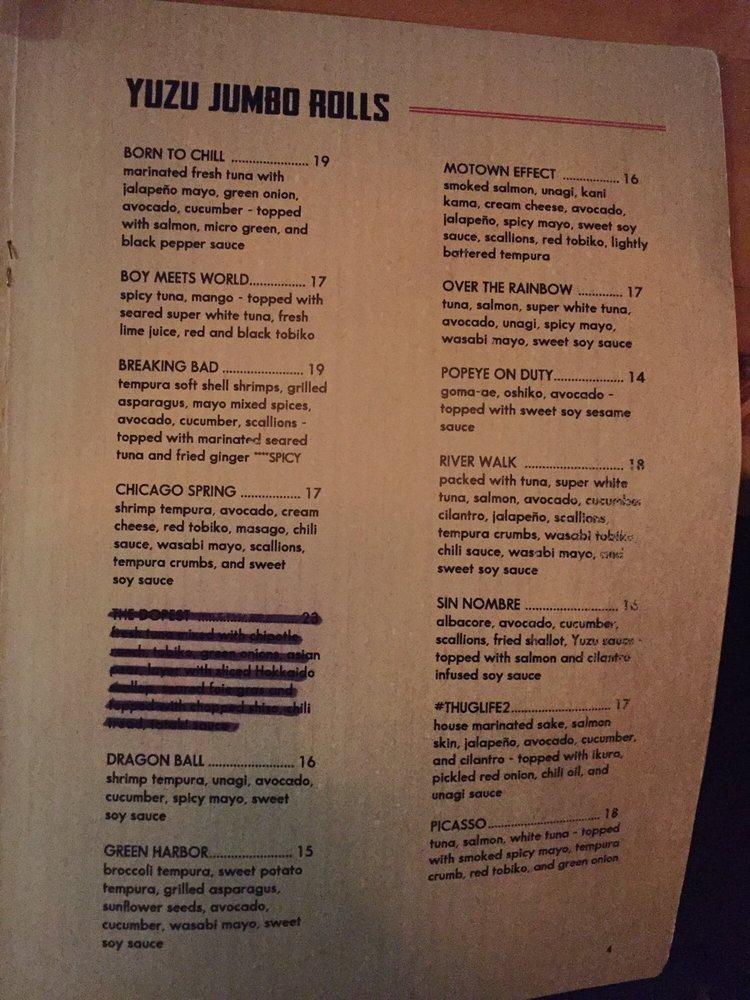 Menu at Yuzu Sushi & Robata Grill restaurant, Chicago